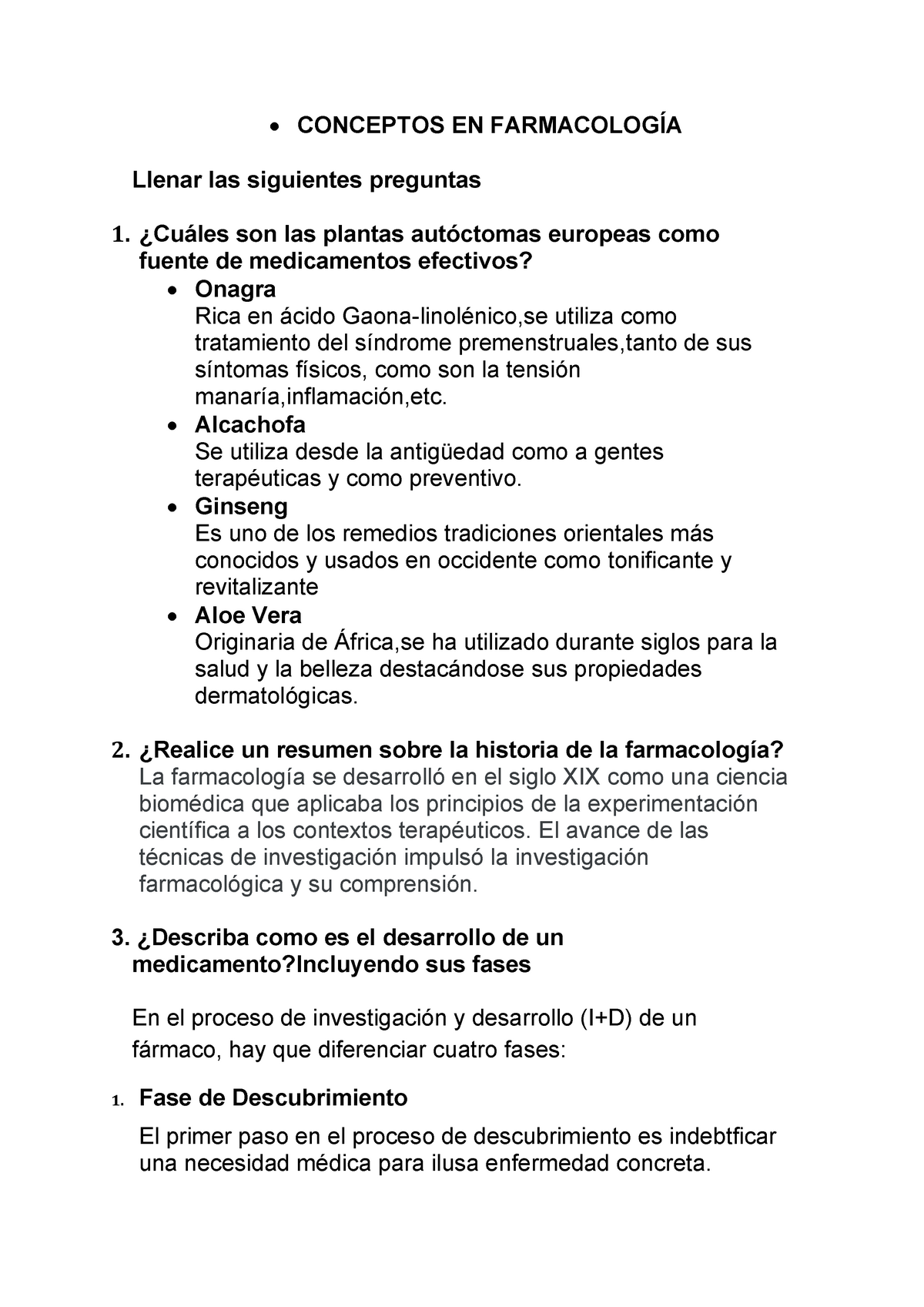 Farmaco 1 Tarea De Fármaco • Conceptos En FarmacologÍa Llenar Las