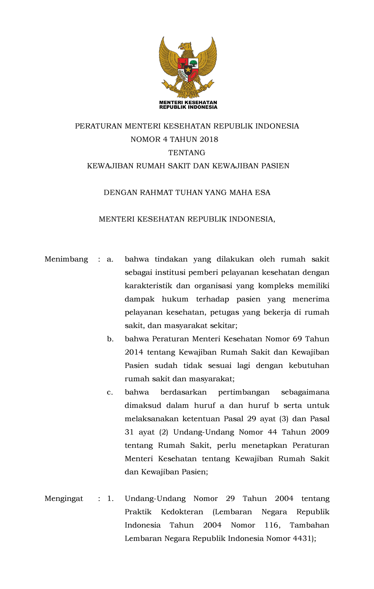 Pmk No Pmk No 4 Th 2018 Peraturan Menteri Kesehatan Republik