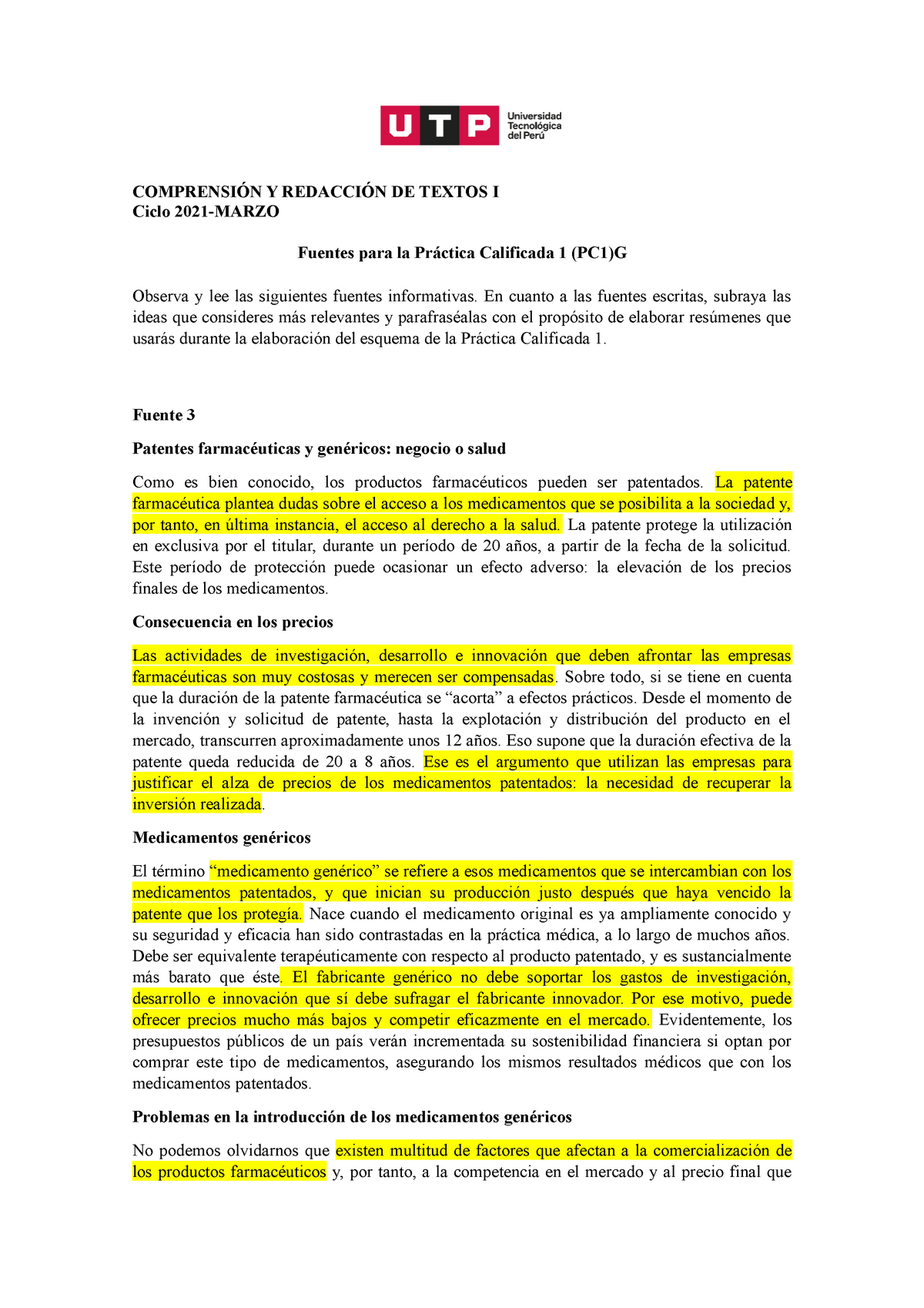 Fuentes Práctica Calificada 1 2021 Marzo ComprensiÓn Y RedacciÓn De