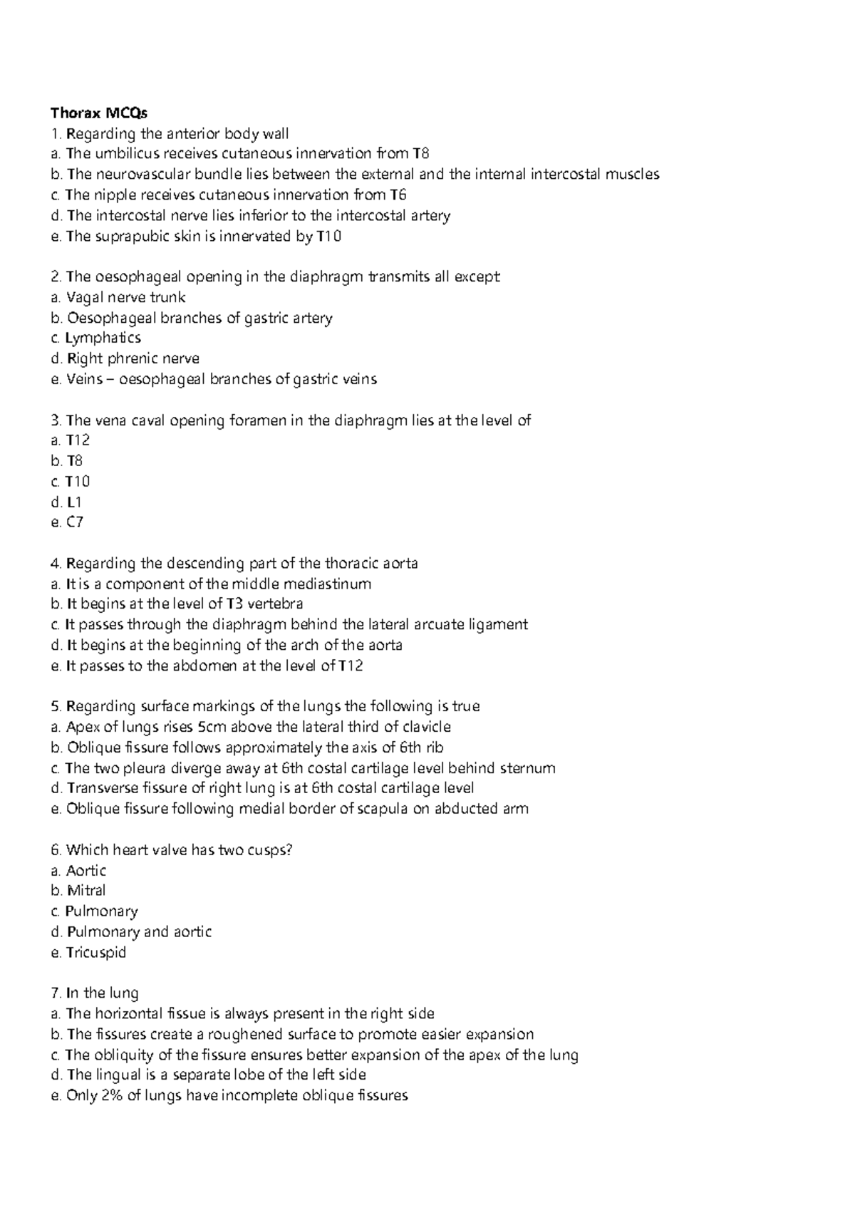 Thorax Mcqs For Nursing Students Anatomy Studocu