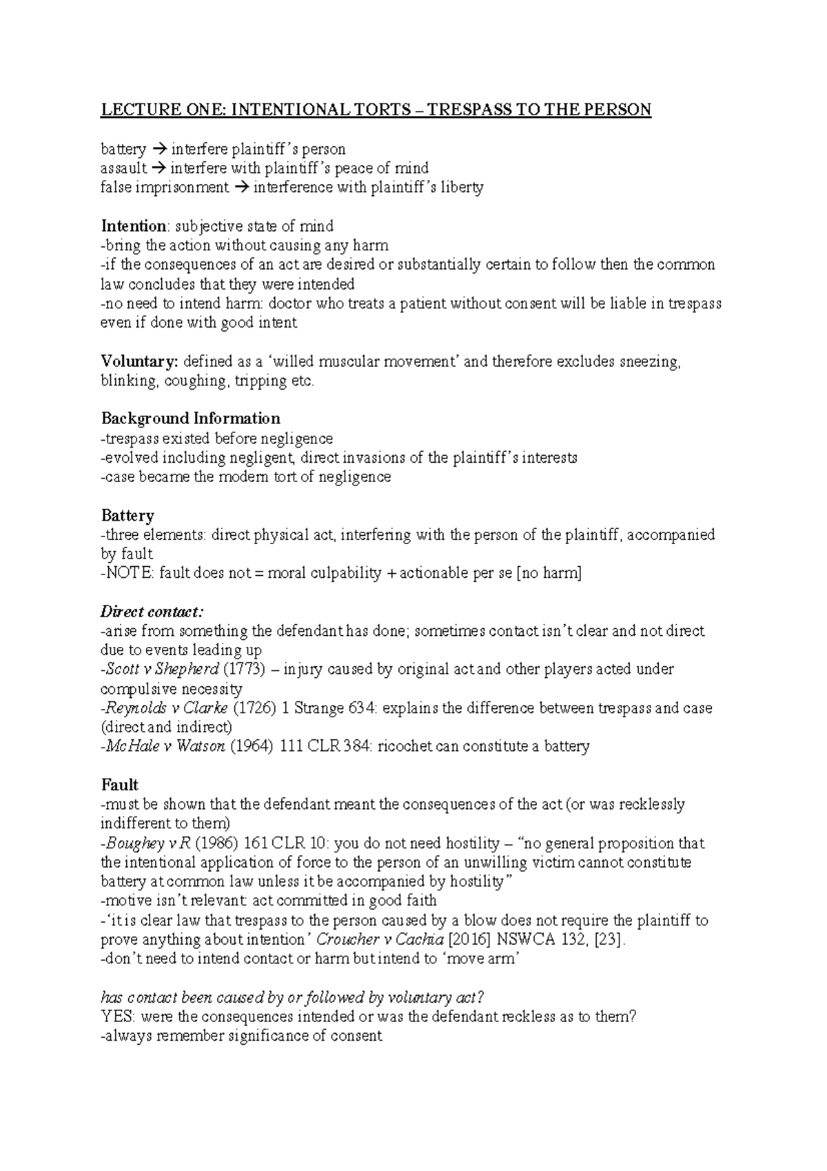 Tort Law Lecture Notes Lecture One Intentional Torts Trespass To