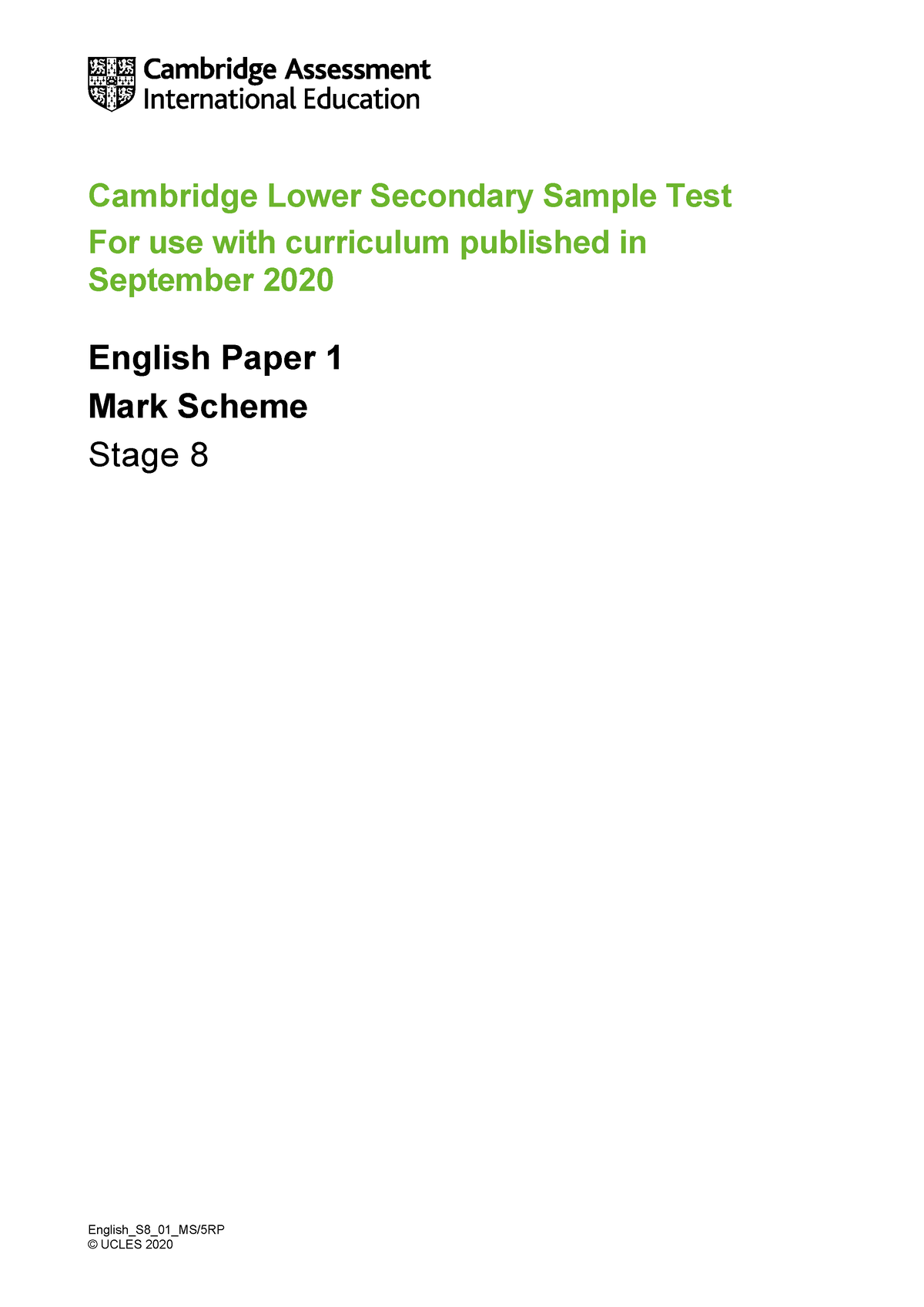 Marking Scheme For The Question Paper Englishs801ms5rp © Ucles