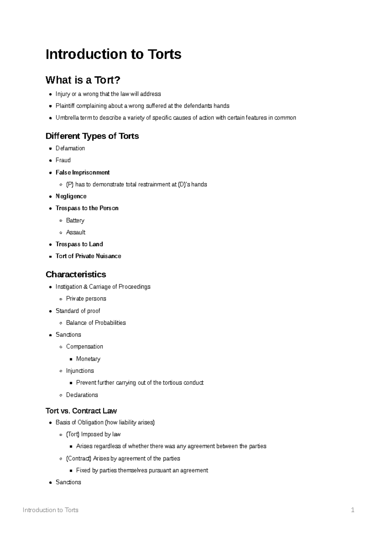 Law1113 Introduction To Torts Notes Introduction To Torts What Is A