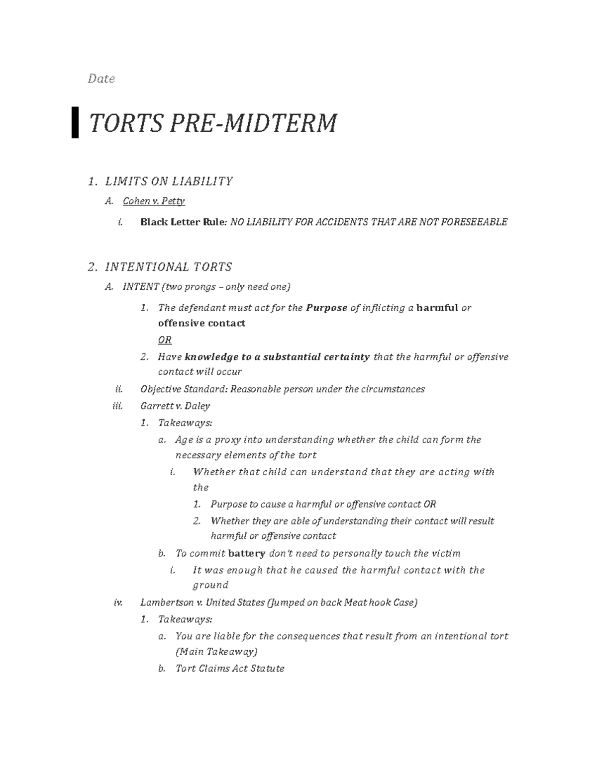 Torts Pre Midterm Outline Date Torts Pre Midterm 1 Limits On