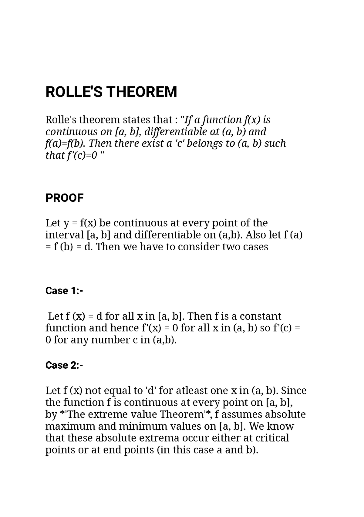 Rolles Theorem Rolles Theorem Rolles Theorem States That If A