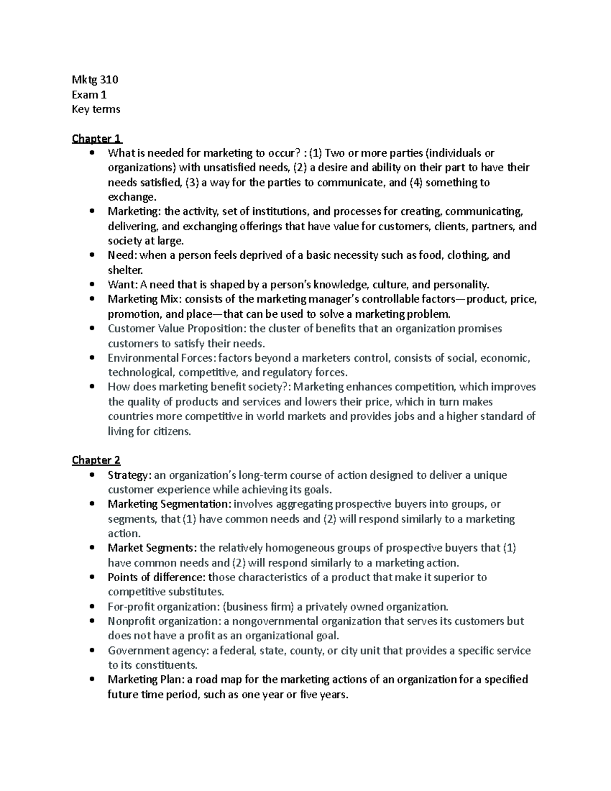 Key Terms Exam 1 Topics To Know Exam 1 Mktg 310 Exam 1 Key Terms