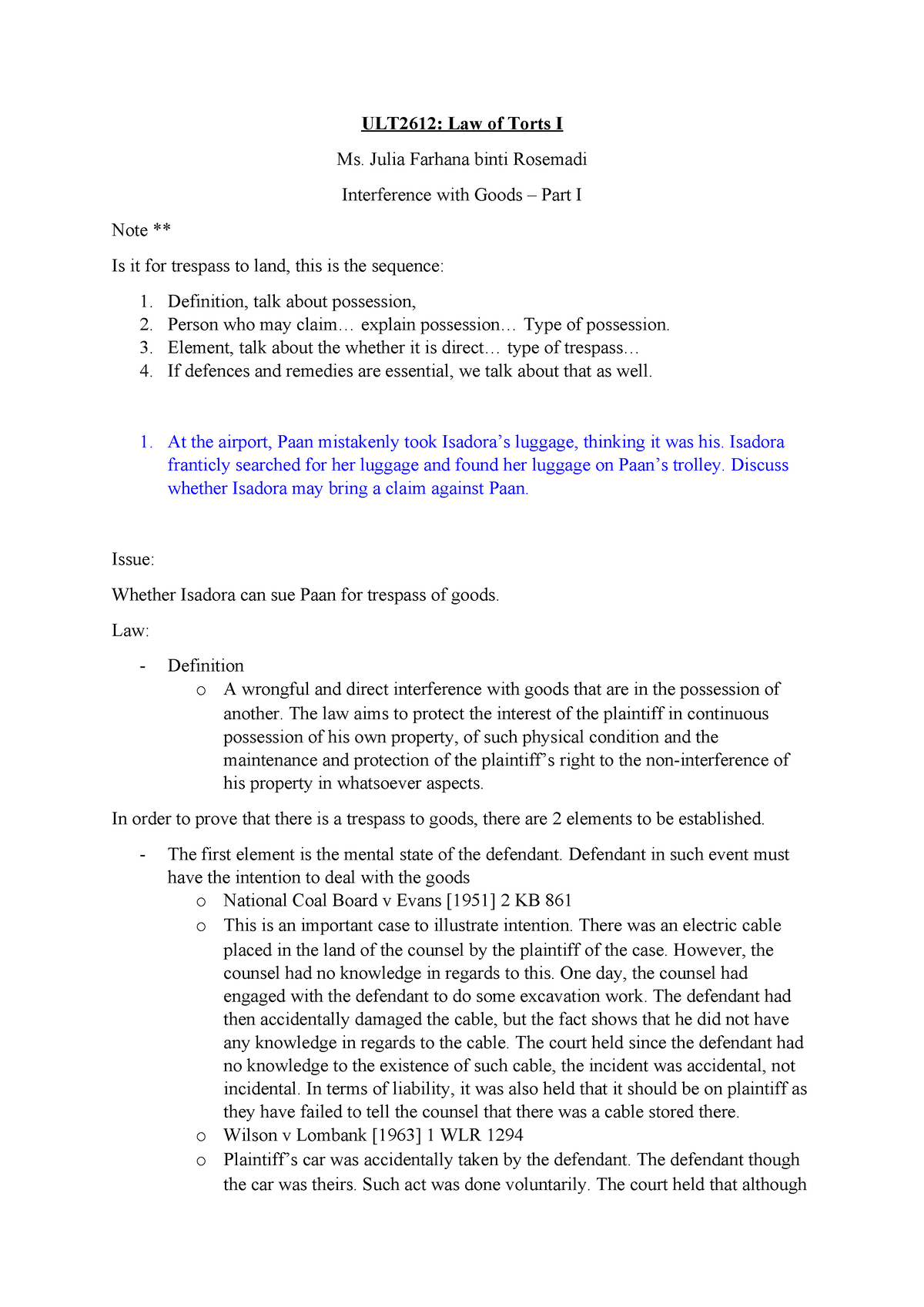 Torts Tutorial 5 Interference With Goods Ult2612 Law Of Torts I Ms