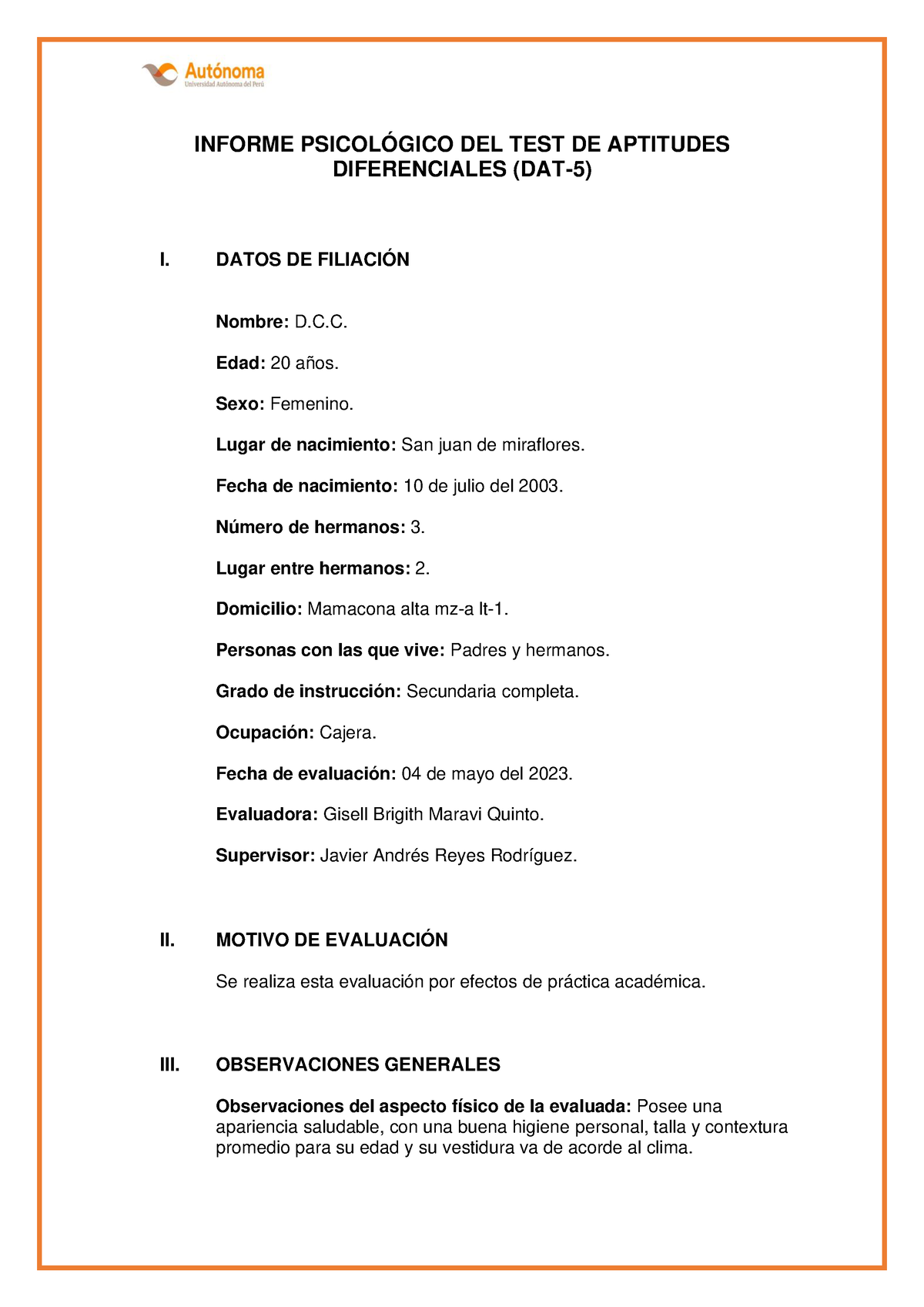 Informe Del Dat Psicometría I Informe PsicolÓgico Del Test De