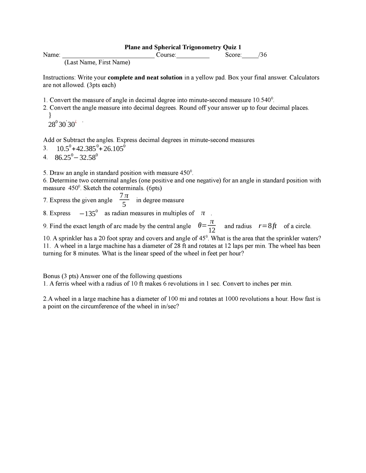 Pst Prelim Quiz 1 Plane And Spherical Trigonometry Plane And