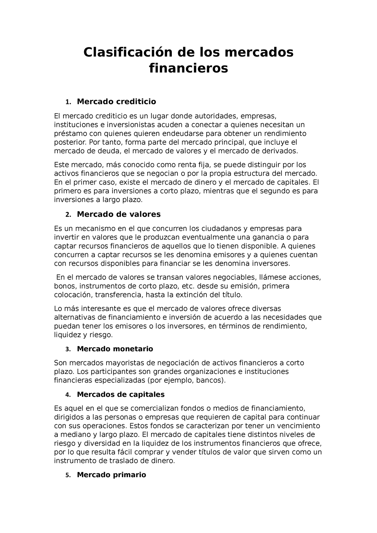 Clasificación De Los Mercados Financieros Instrumentos Financieros