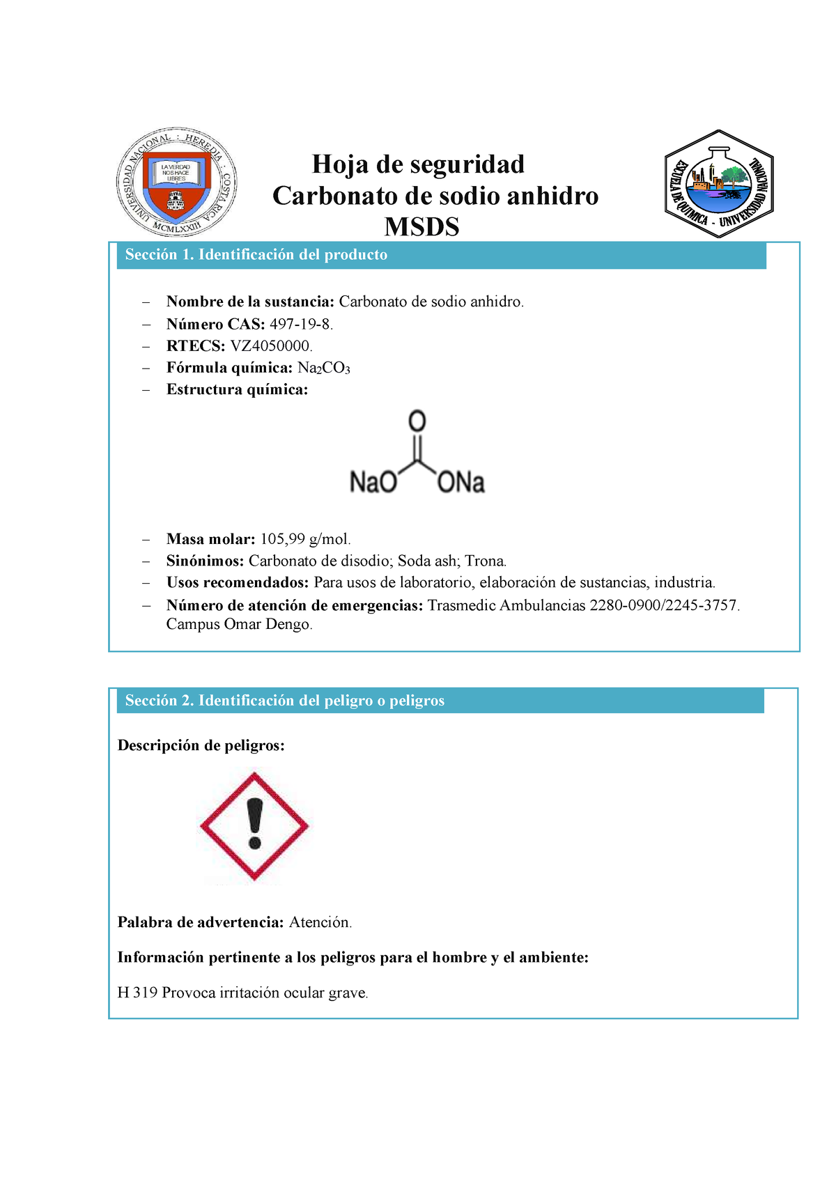 Carbonato Sodio Msds Hoja De Seguridad Carbonato De Sodio Anhidro