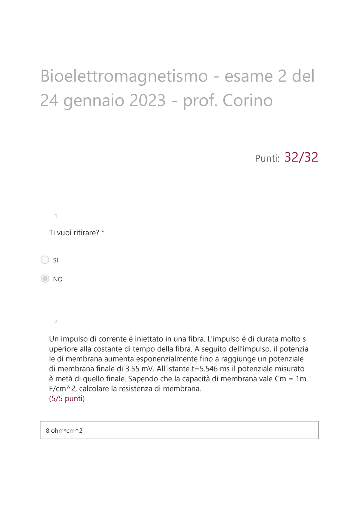 Bioelettromagnetismo Esame 2 Del 24 Gennaio 2023 Prof Corino