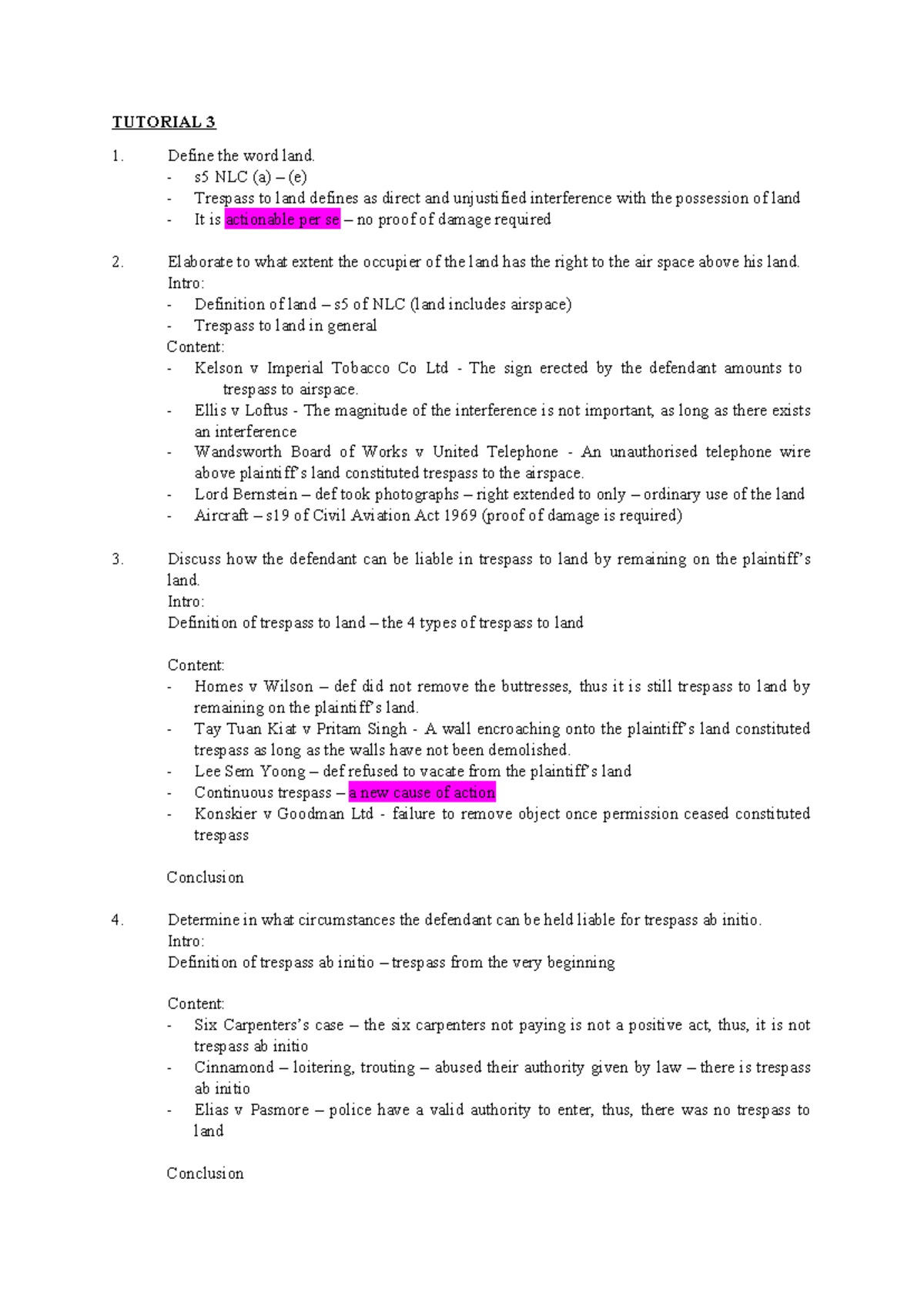 Tort Law Tutorial 3 Tutorial 3 Define The Word Land S5 Nlc A E