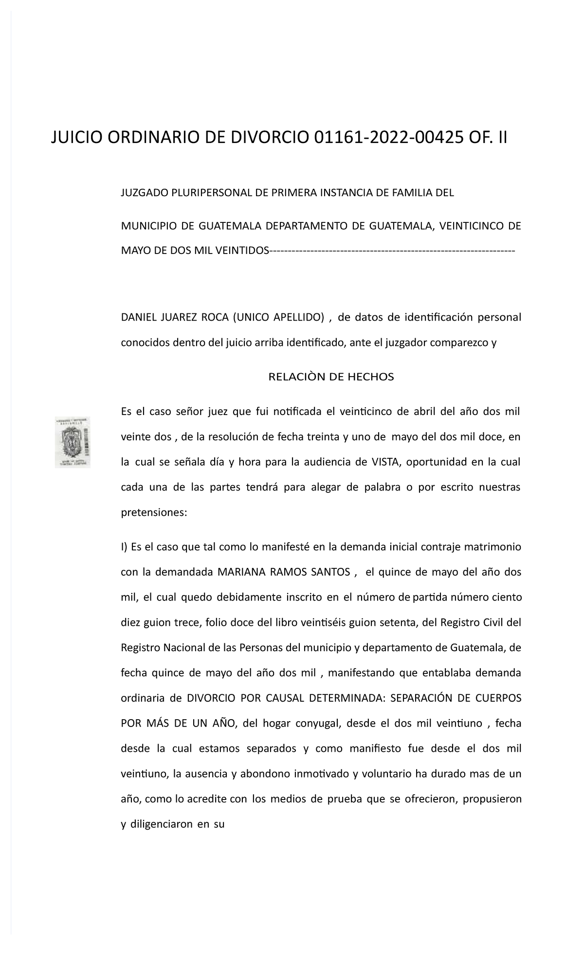 Pdf Memorial Para La Vista Juicio Ordinario De Divorcio 01161 2022