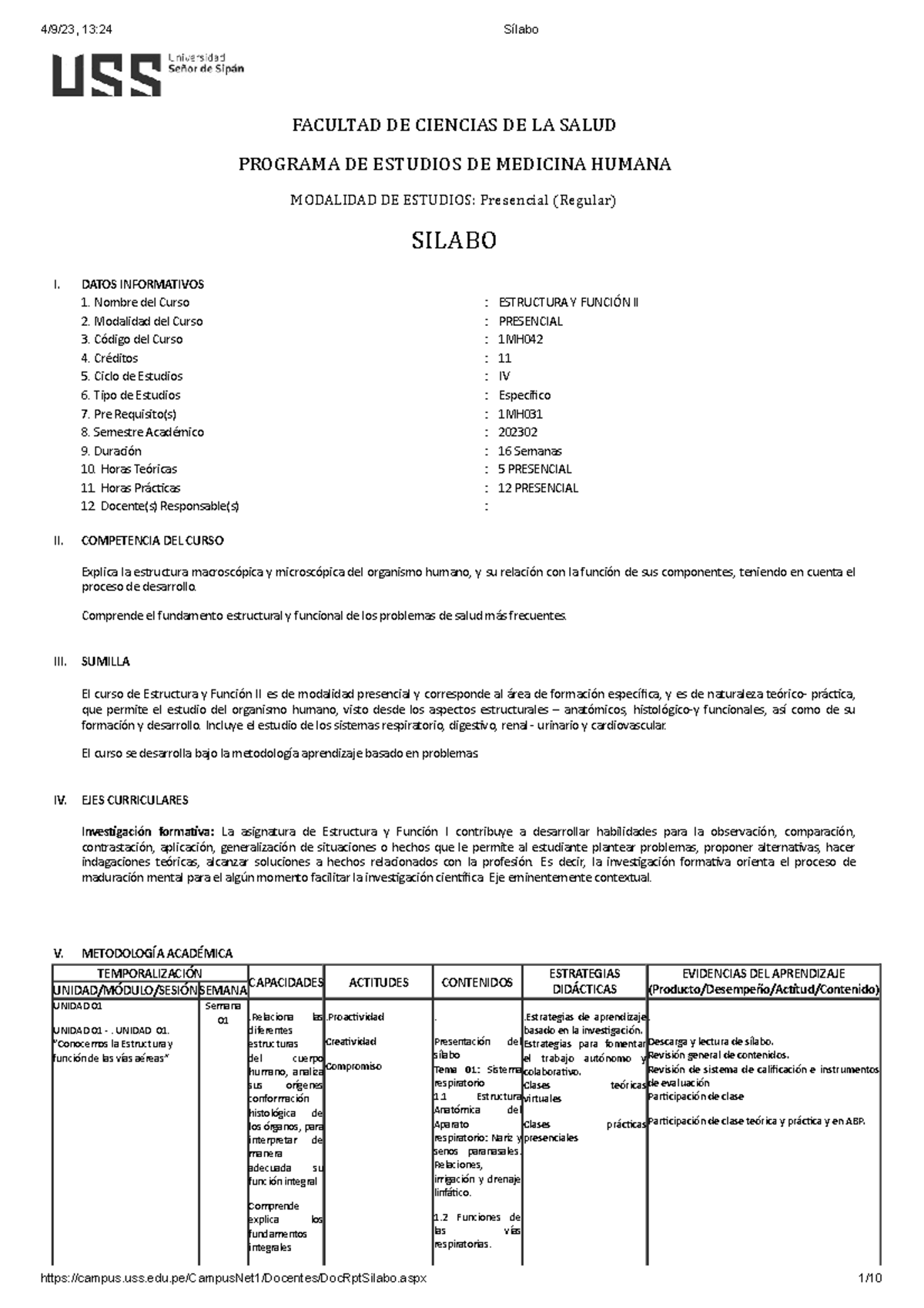 Sílabo Eyf Ii 2023 Ii Facultad De Ciencias De La Salud Programa De