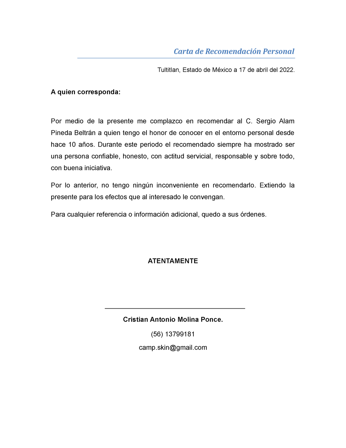 Formato Carta De Recomendacion Personal