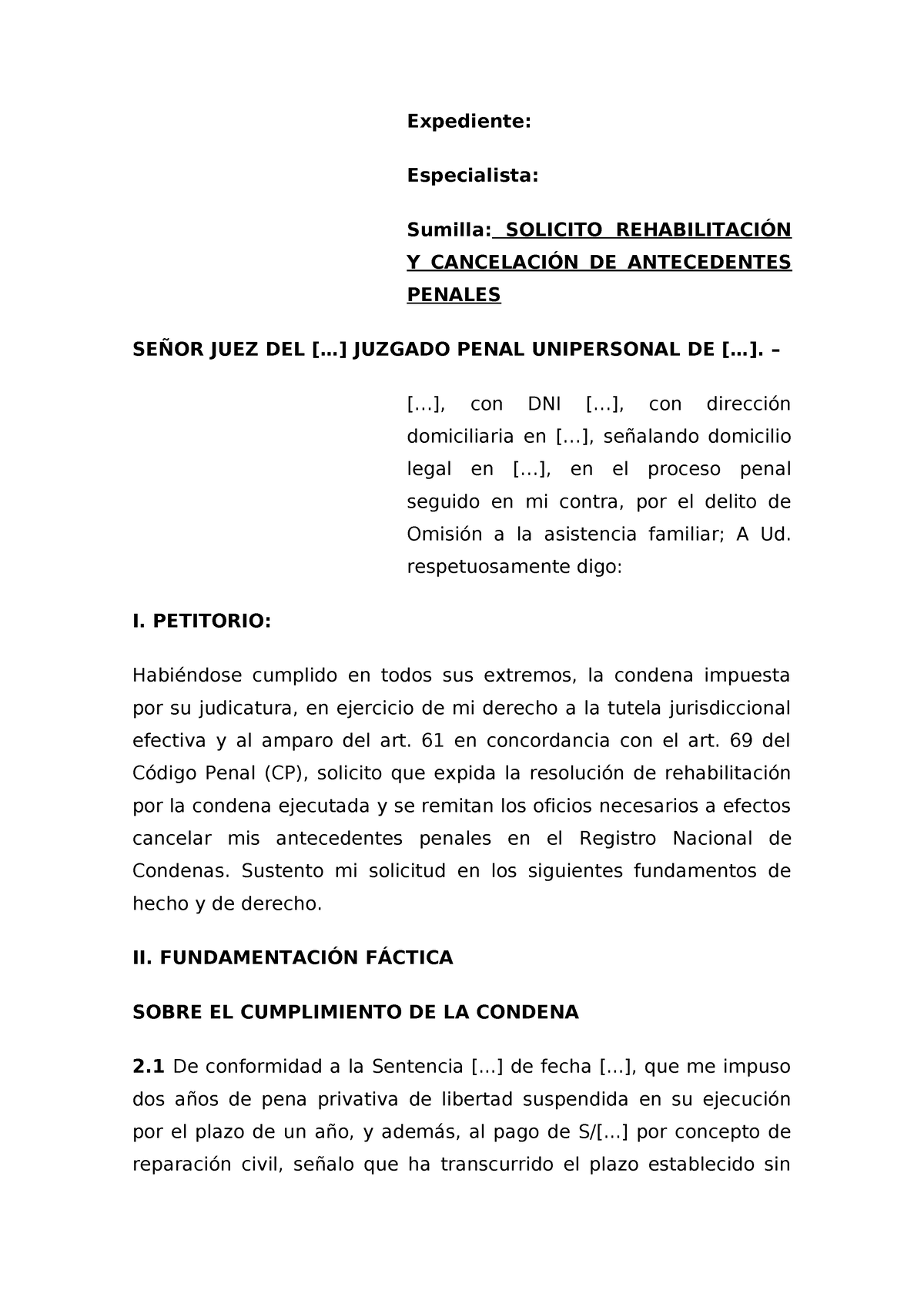 Modelo Escrito De Solicitud De Rehabilitación Y Eliminación De