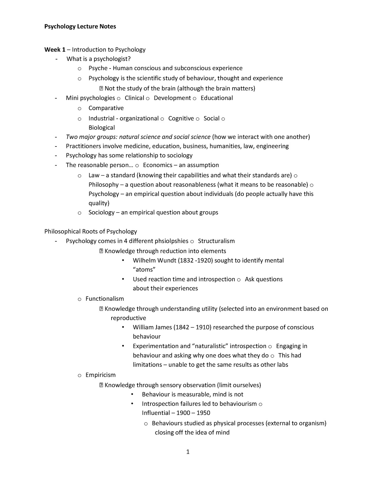 Psychology Lecture Notes Psychology Lecture Notes 1 Week 1