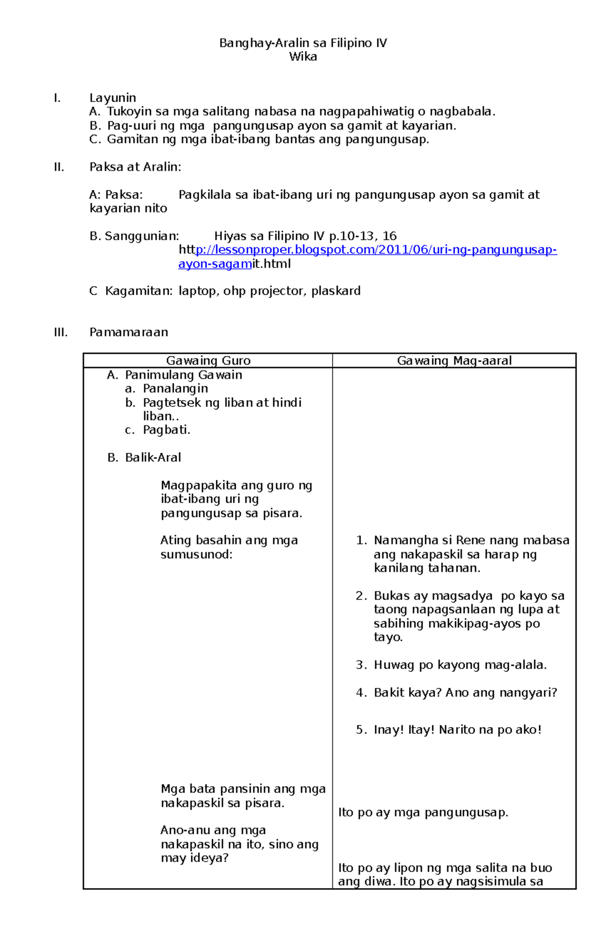 Detailed Lesson Plan Filipino 4 Banghay Aralin Sa Filipino Iv Wika I