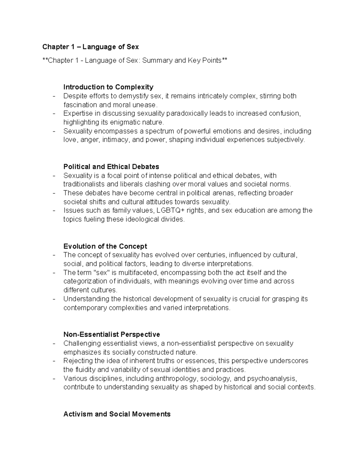 Sexuality Key Points Chapter 1 Language Of Sex Chapter 1 Language