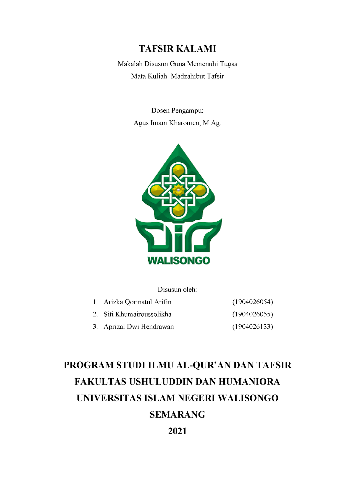 Tafsir Quran Kalami Tafsir Kalami Makalah Disusun Guna Memenuhi Tugas