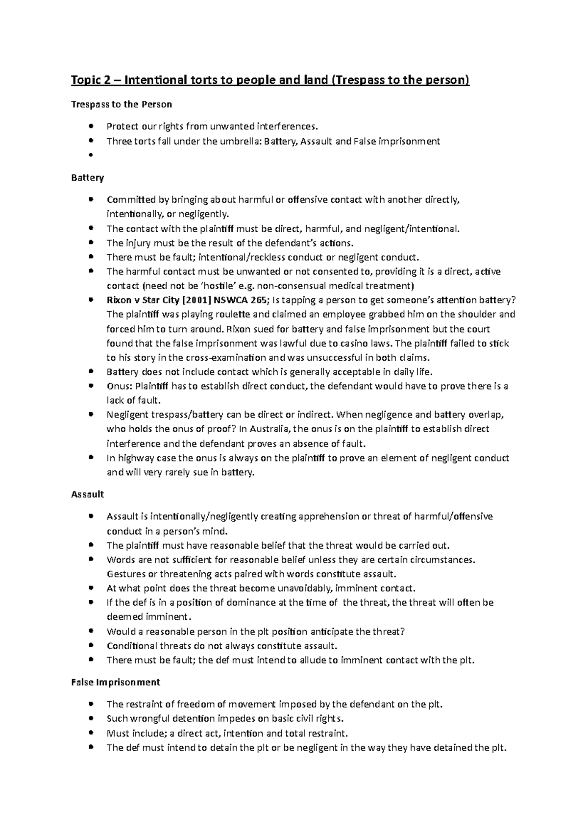 Topic 2 Intentional Torts To People And Land Trespass To The Person