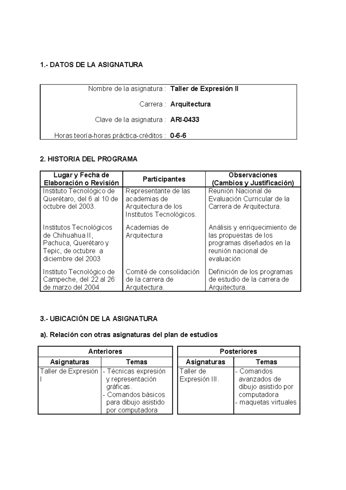 Taller De Expresion Ii Arq 1 Datos De La Asignatura Nombre De La