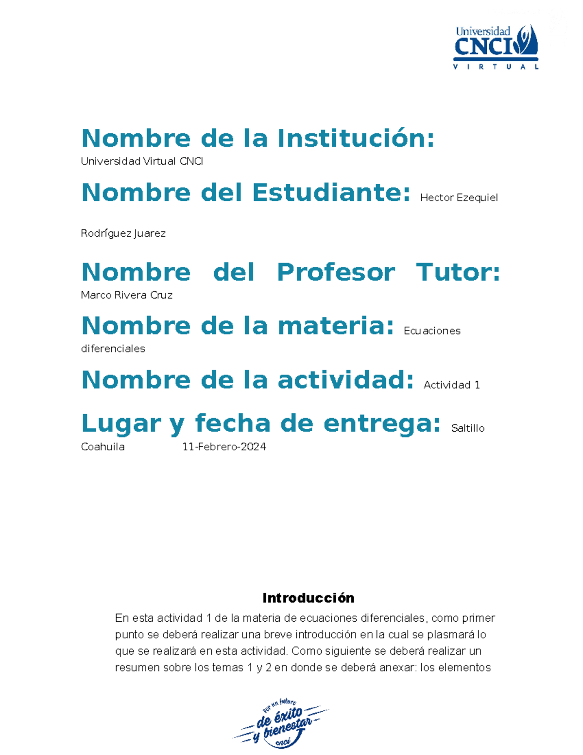 Actividad 1 Ecuaciones Diferenciales Nombre De La Institución