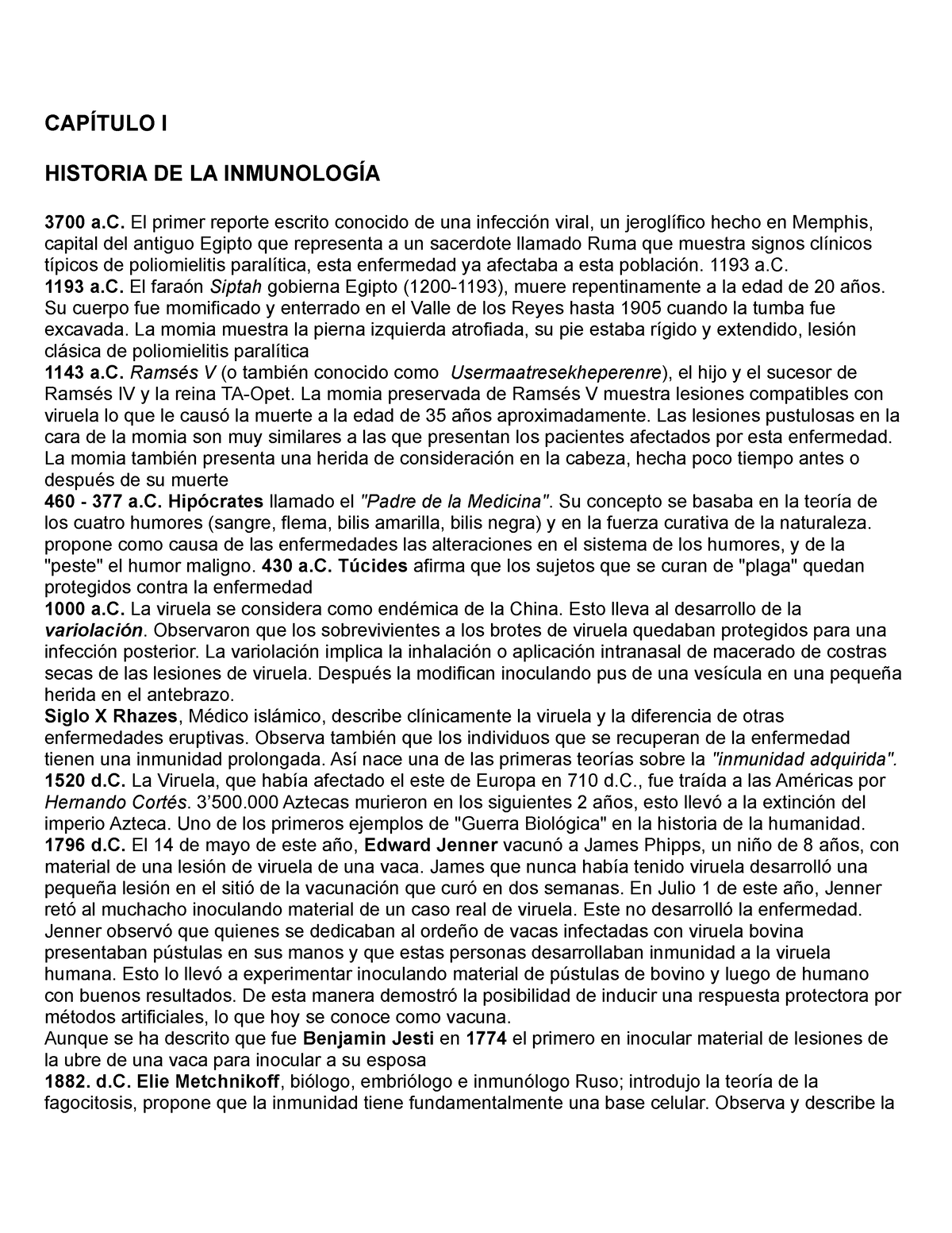 Inmunología Primer Parcial CapÍtulo I Historia De La InmunologÍa