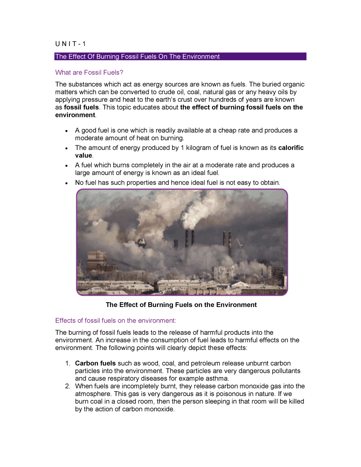 Renewable Energy U N I T 1 The Effect Of Burning Fossil Fuels On