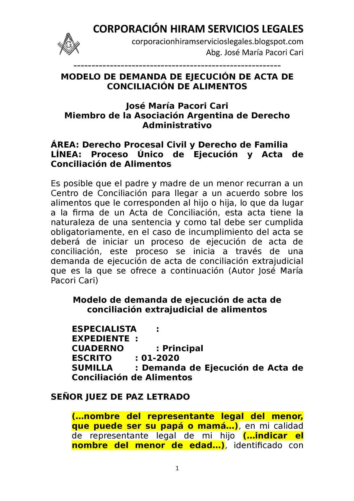 Modelo Demanda De Ejecucion De Acta De Conciliacion De Alimentos Pdf