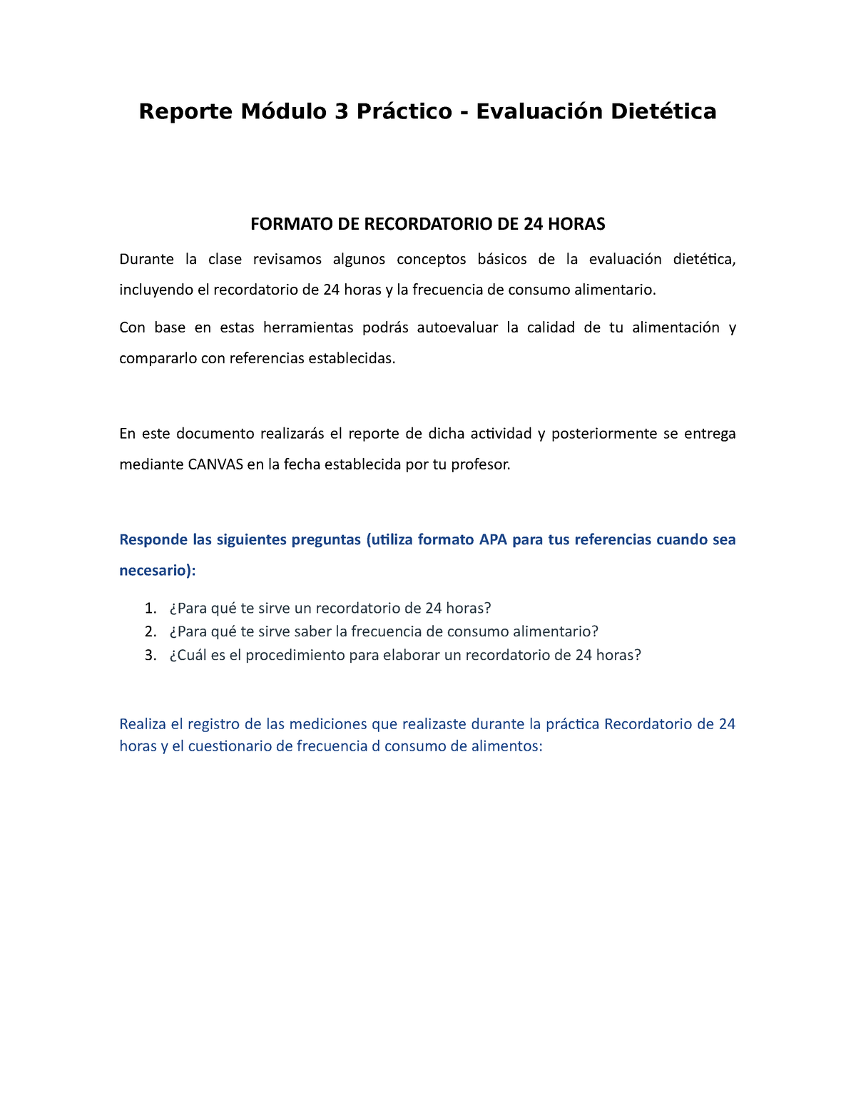 Formato De Recordatorio De 24 Horas Reporte Módulo 3 Práctico