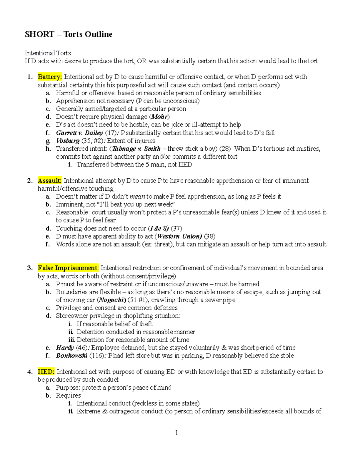 Short Torts Outline 1 From Miri Short Torts Outline Intentional