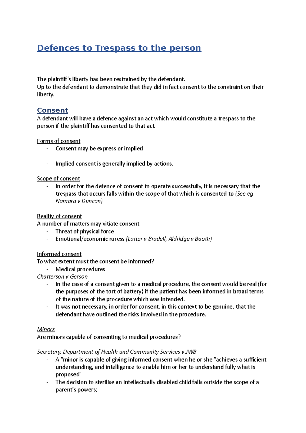 Torts 3 Tort Notes Defences To Trespass To The Person The Plaintiff