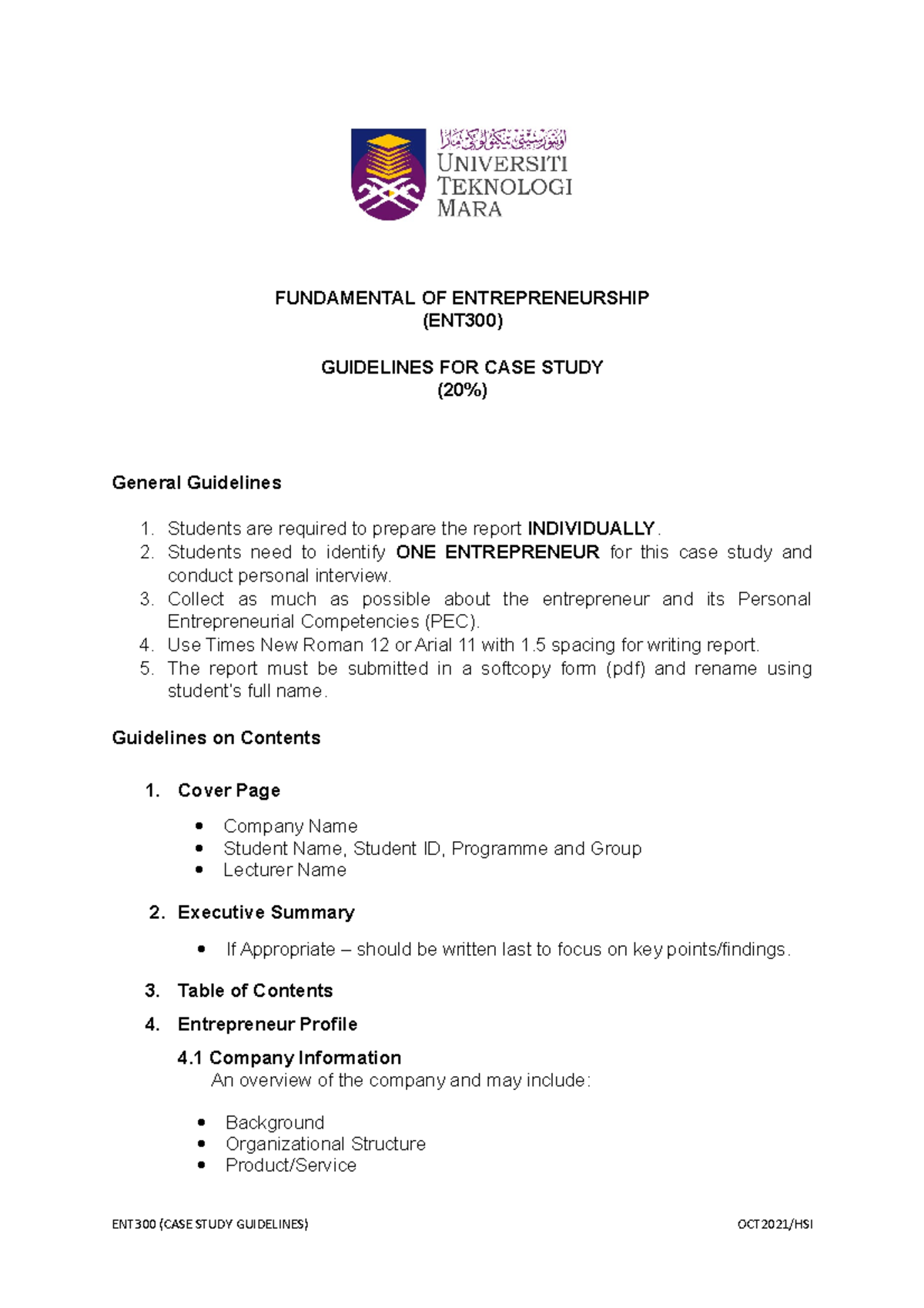 Assignment 1 Case Study Guidelines Fundamental Of Entrepreneurship