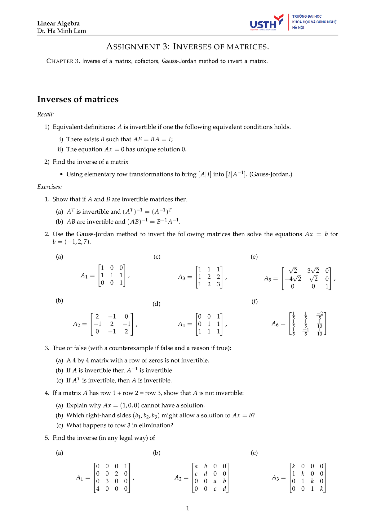 Asignment Inverses Of Matrices Linear Algebra Dr Ha Minh Lam