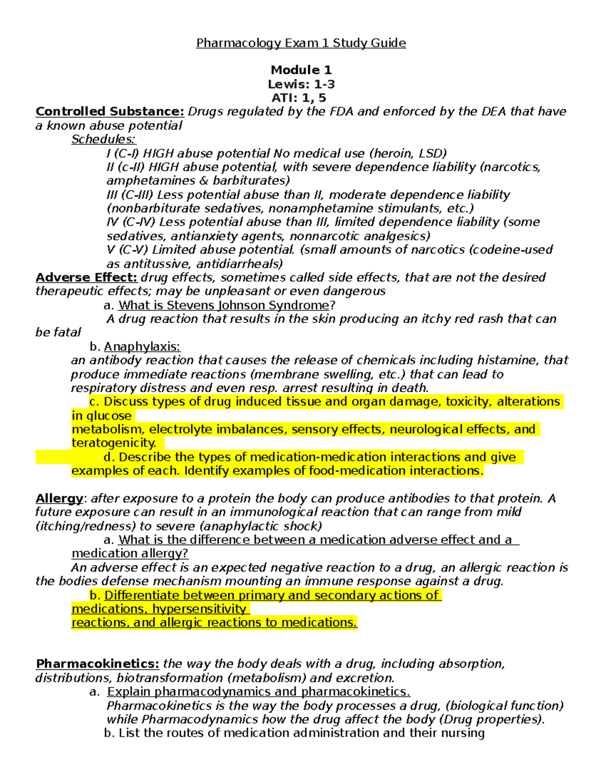 Pharmacology Exam 1 Study Guide Module 1 4 Nur3250 Studocu