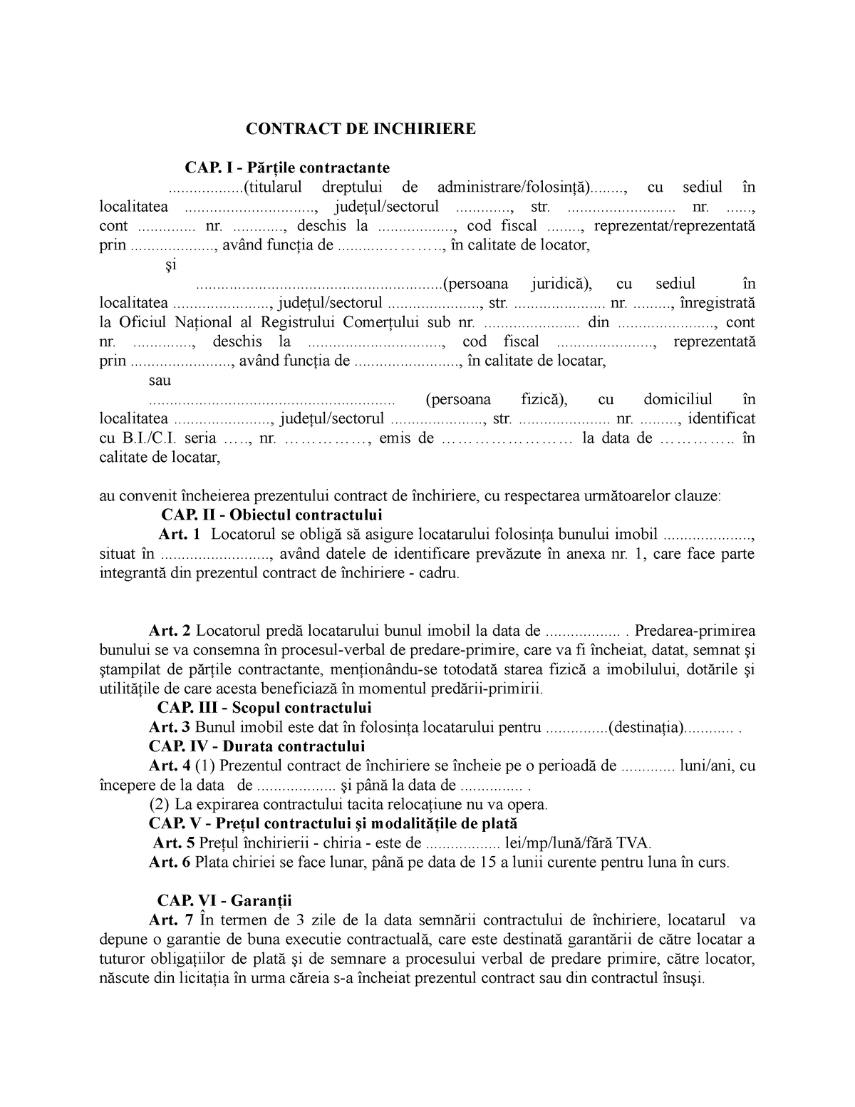 Model Contract Contract De Inchiriere Cap I Părţile Contractante