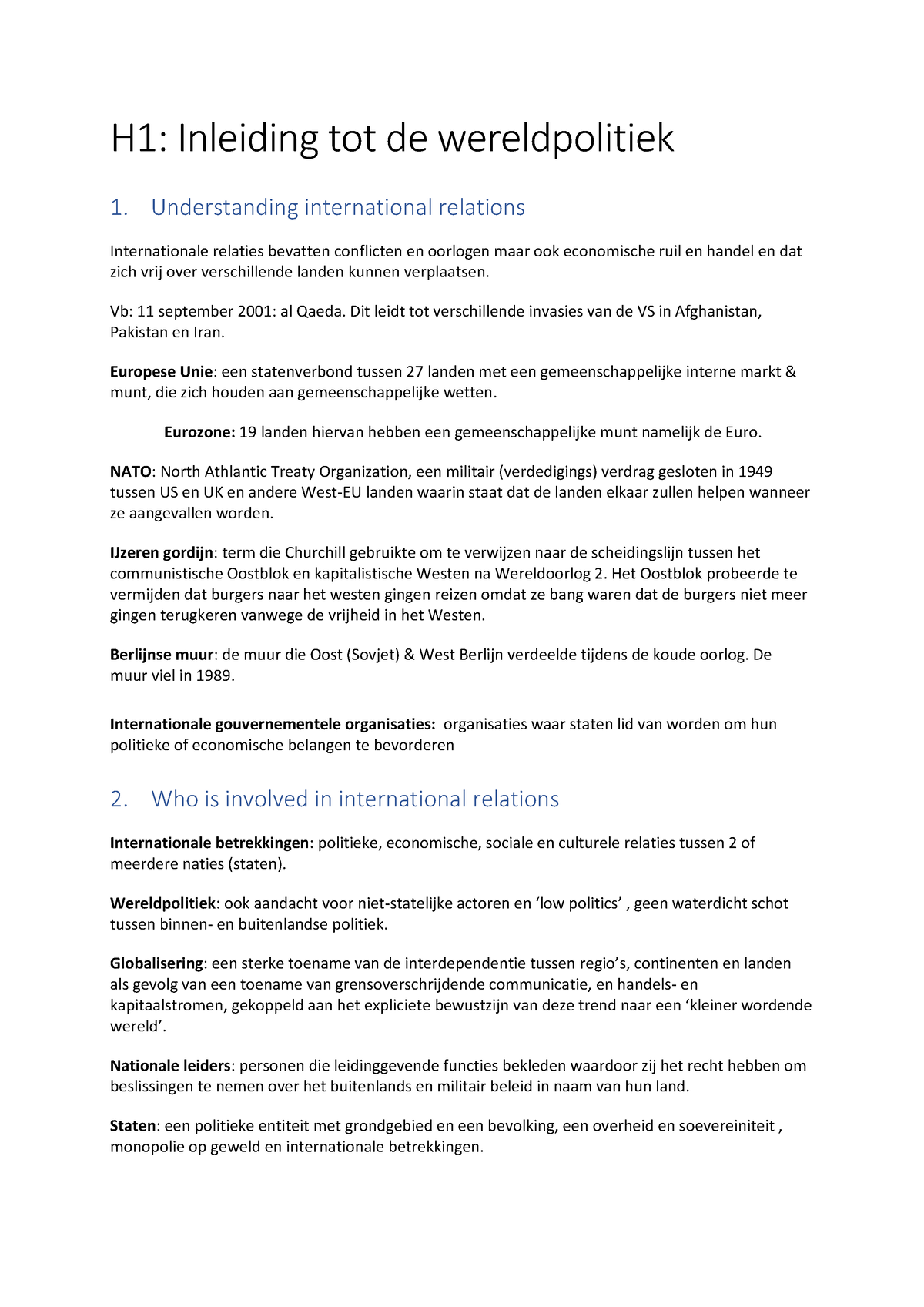 Inleiding Tot De Wereldpolitiek Samenvatting Afdrukken H1 Inleiding