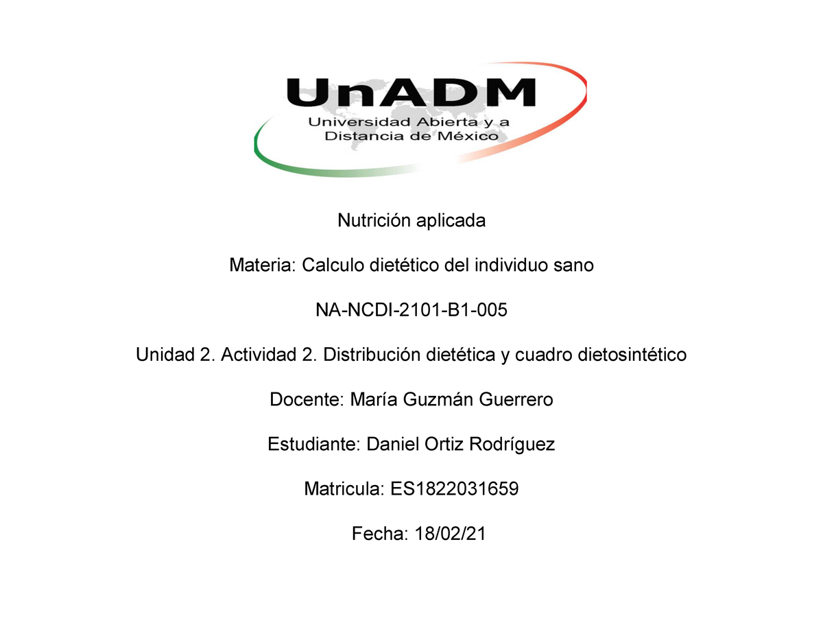 Calculo Dietetico En El Individuo Sano Segunda Unidad Nutrición