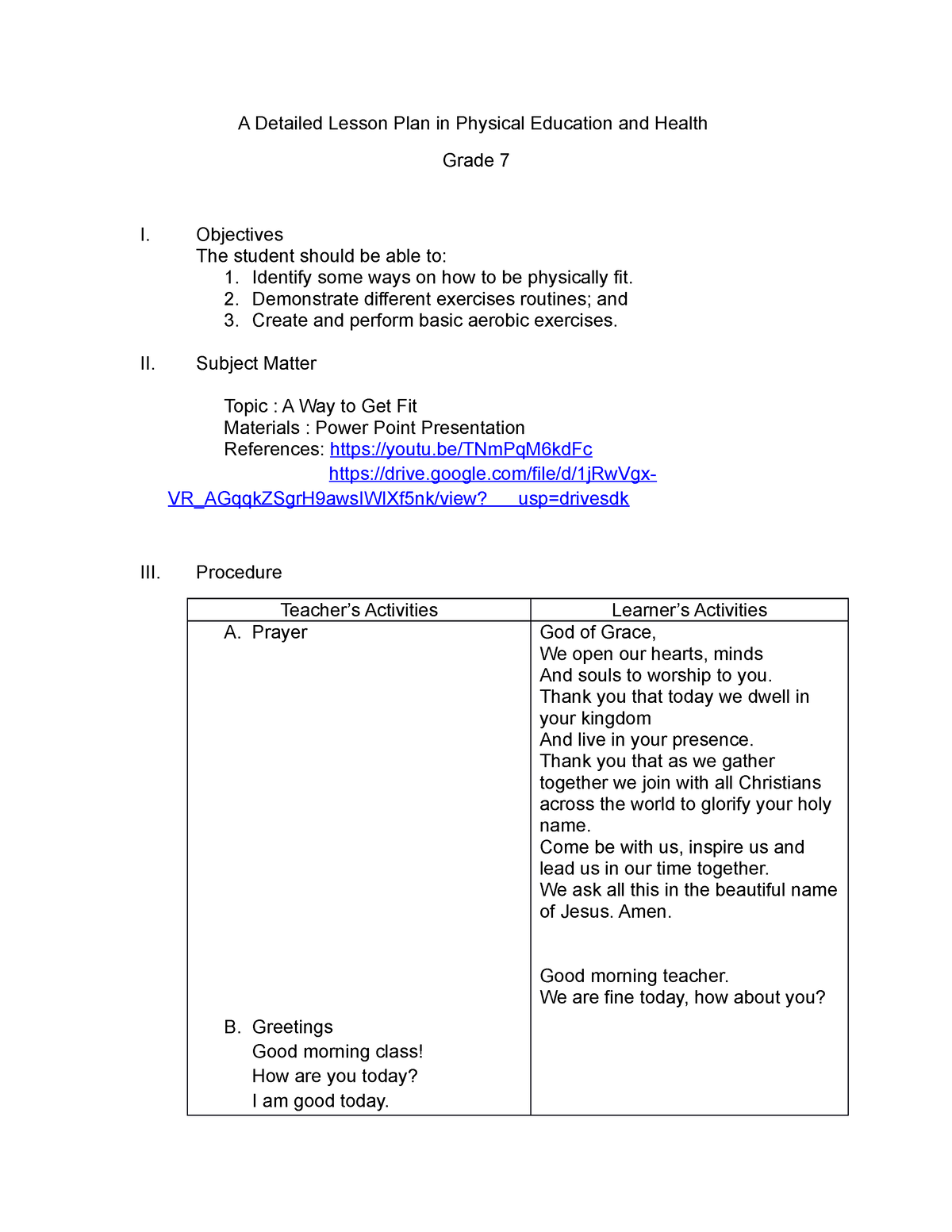 Lesson Plan Grade 7 A Detailed Lesson Plan In Physical Education And