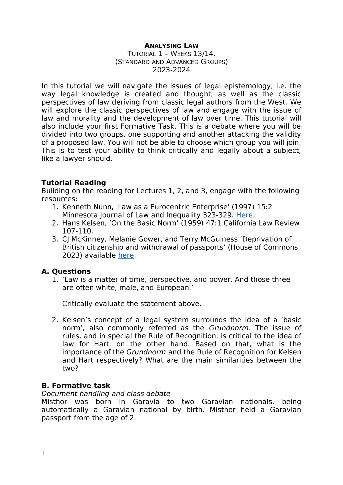 1 Tutorial 1 Analysing Law 2023 2024 Analysing Law Tutorial 1