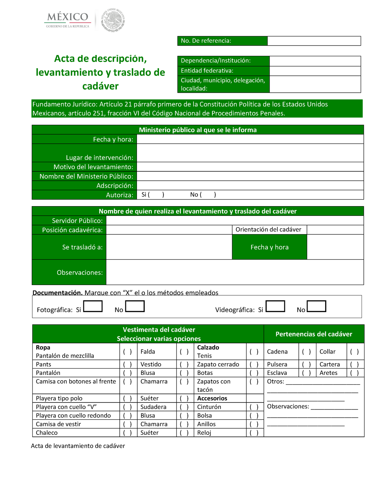 Formato Cadena De Custodia De Cadáver Acta De Levantamiento De