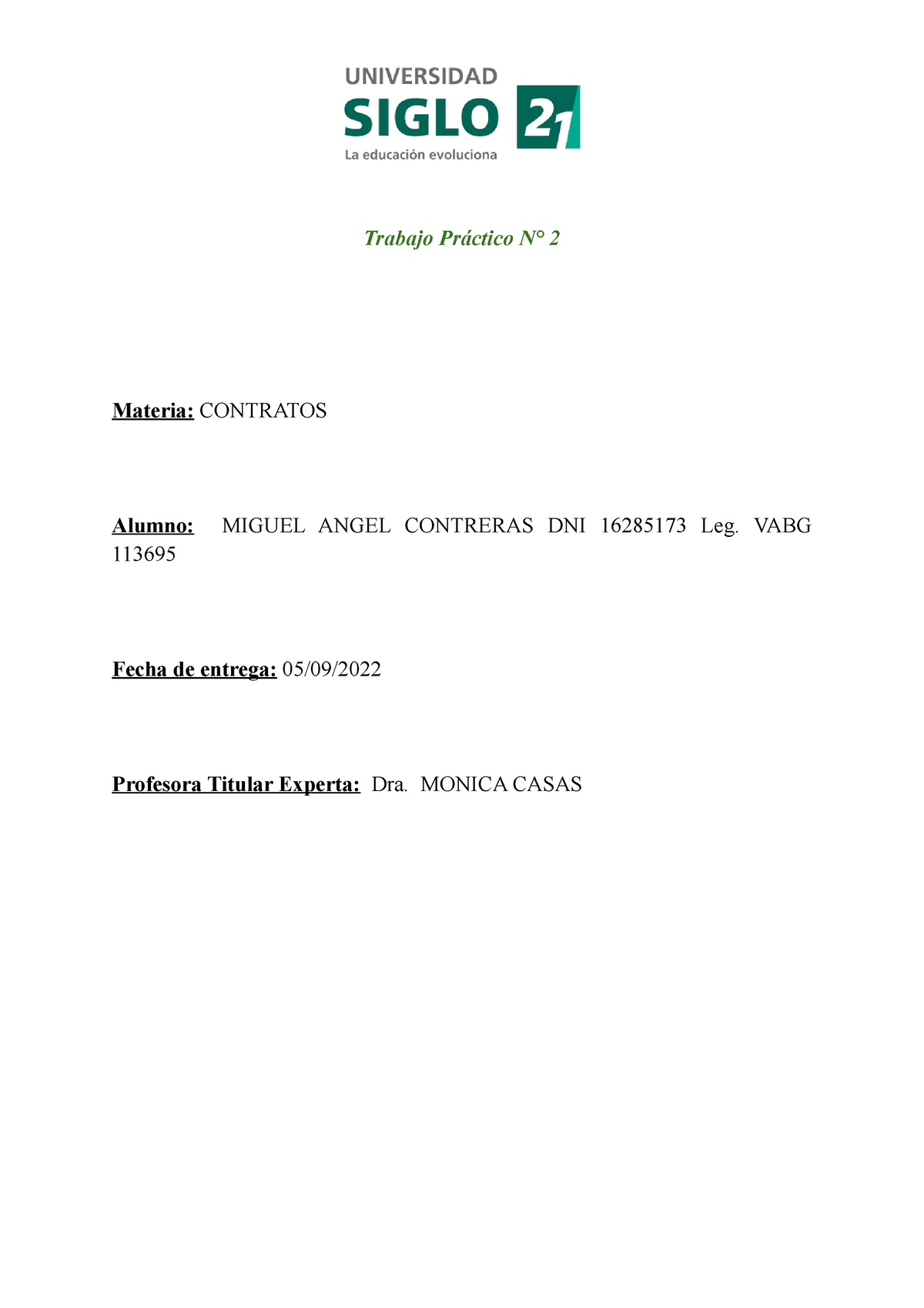 Tp N° 2 Contratos Trabajo Practico Nro 2 A Desarrollar Aprobado