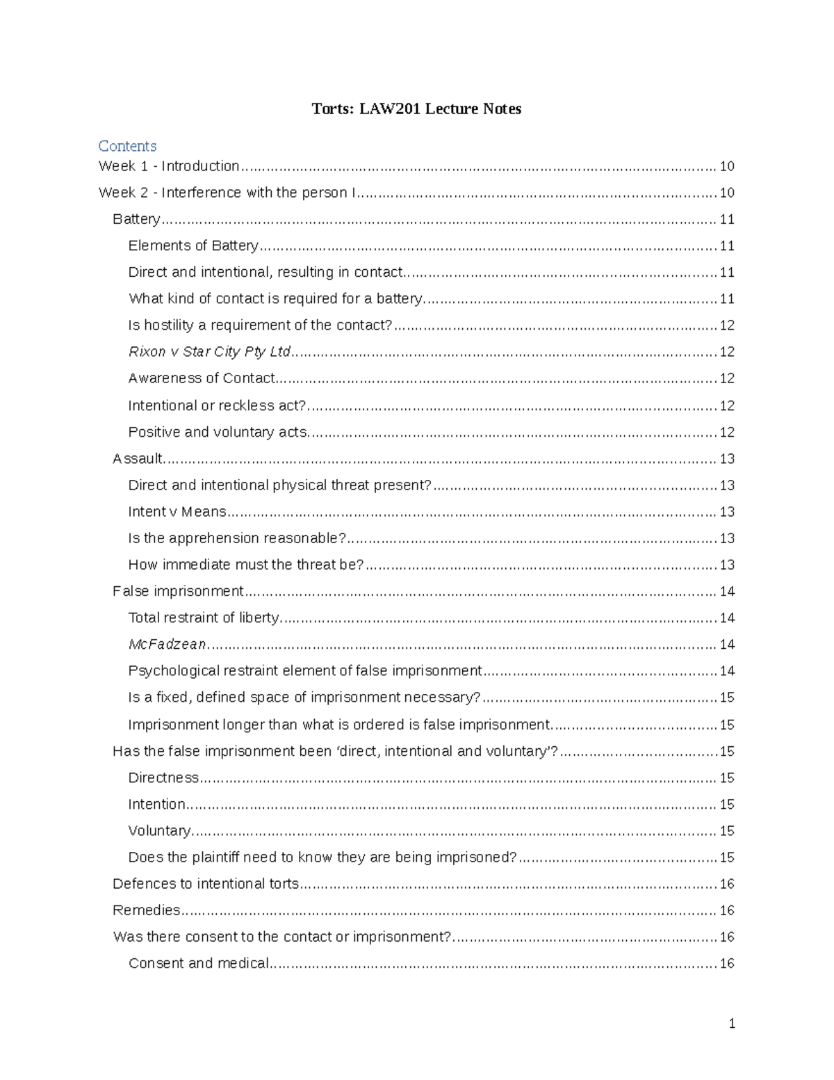 Torts Law201 Lecture Notes Torts Law201 Lecture Notes Week 1 Studocu