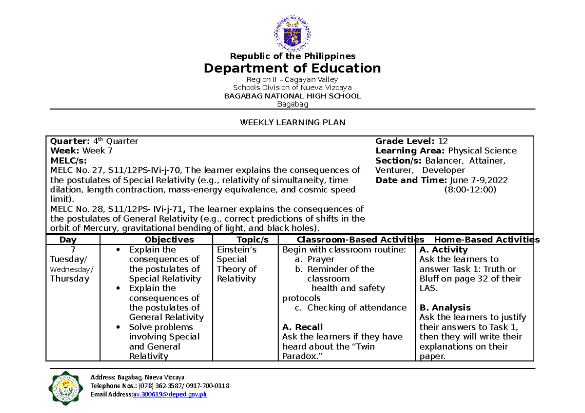 Weekly Learning Plan For Jhs With F2f Classes Republic Of The