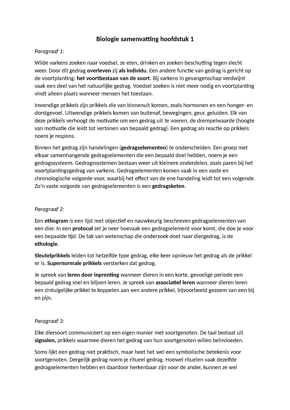 Biologie Samenvatting Hoofdstuk 1 Door Dit Gedrag Overleven Zij Als