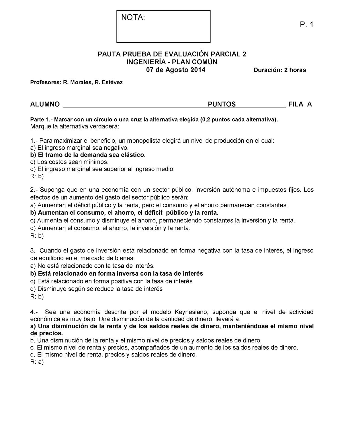 Examen 7 Agosto 2014 Preguntas Y Respuestas P 1 Pauta Prueba De