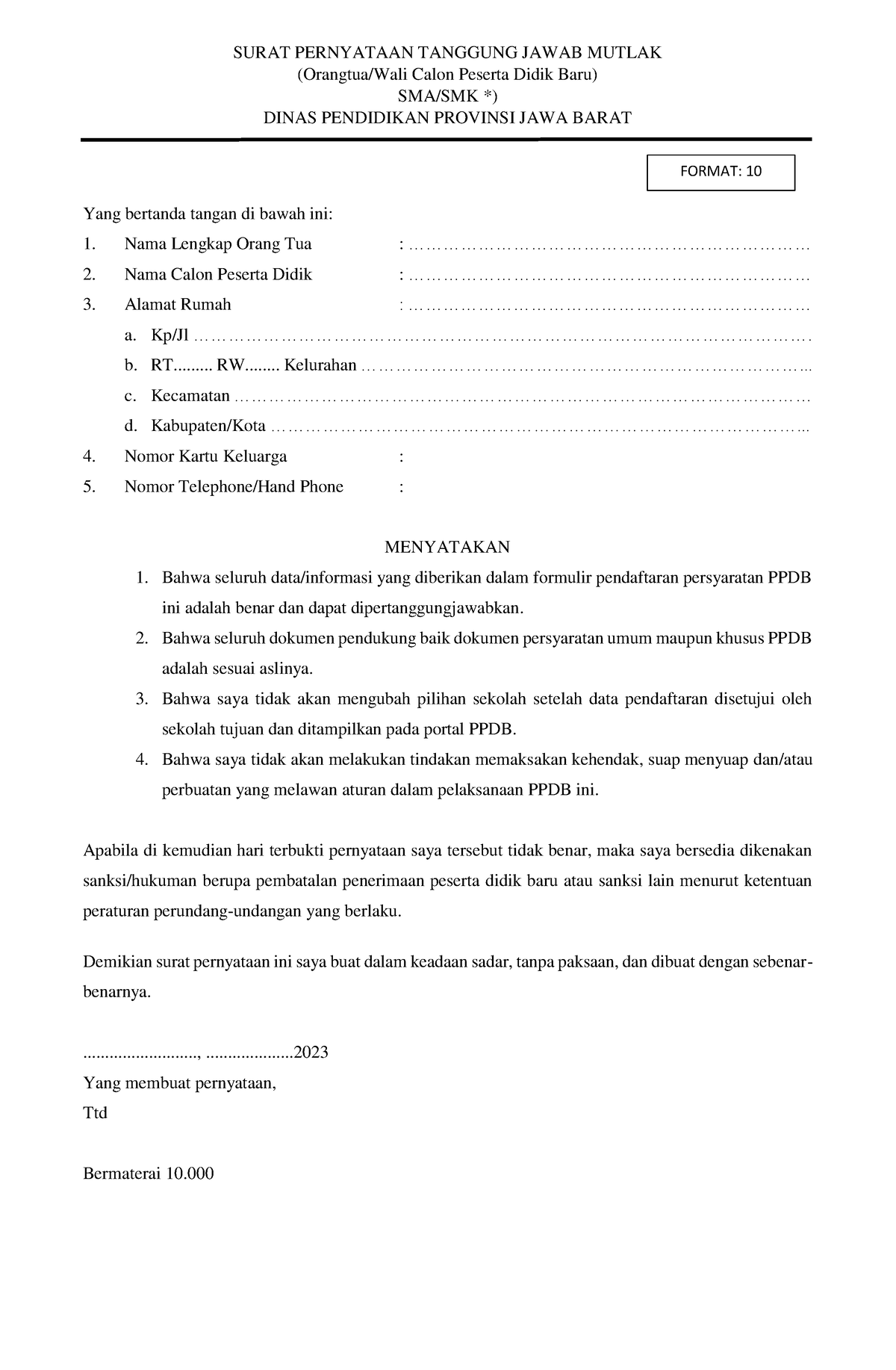 Sptjm Surat Pernyataan Tanggung Jawab Mutlak Ppdb Jabar 2023 Surat