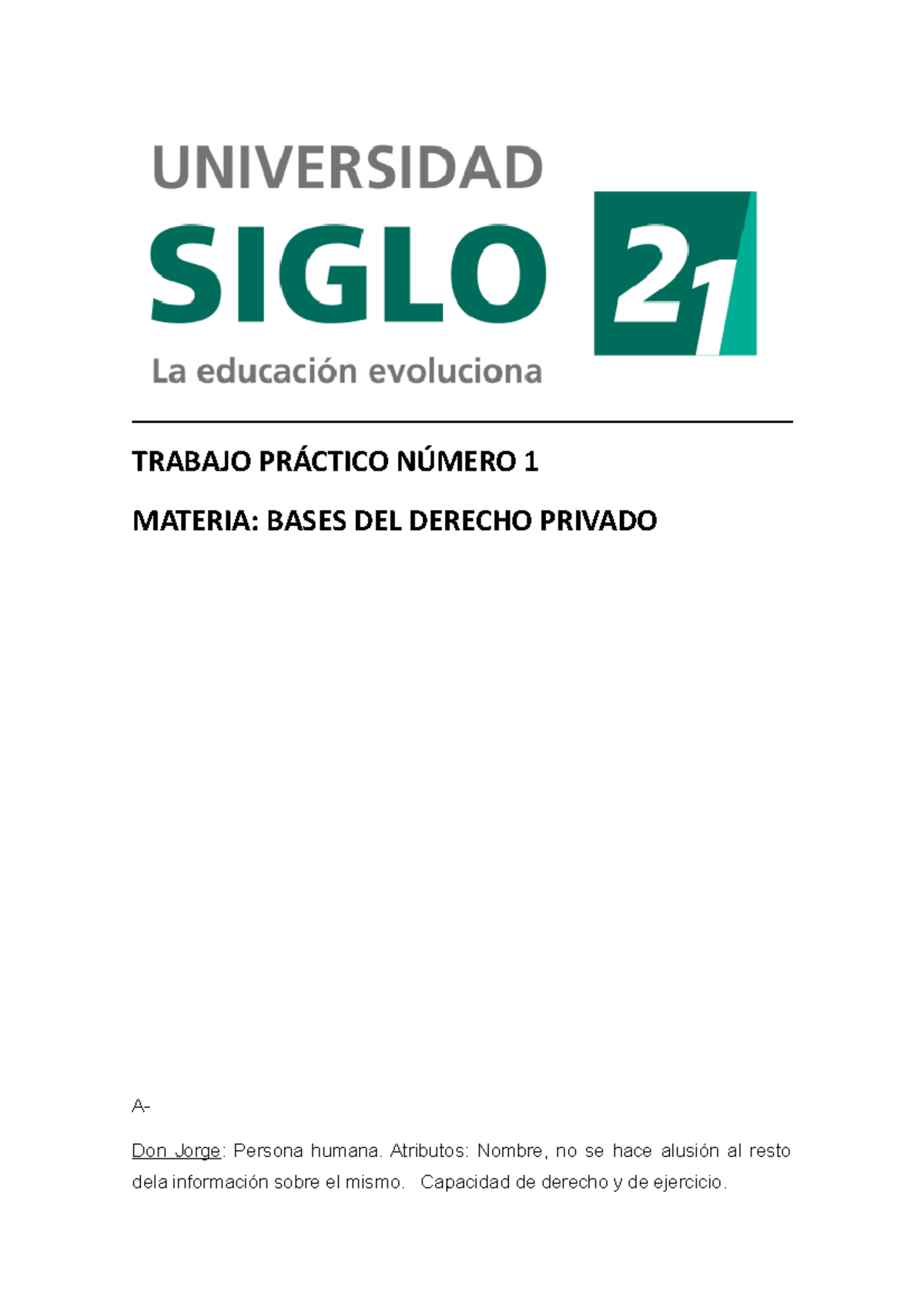 Tp 1 Bases Del Derecho Privado Trabajo PrÁctico NÚmero 1 Materia